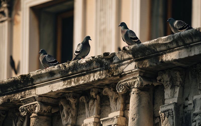 Several Pigeons Perch Atop an Old Building Adorned with Classic ...