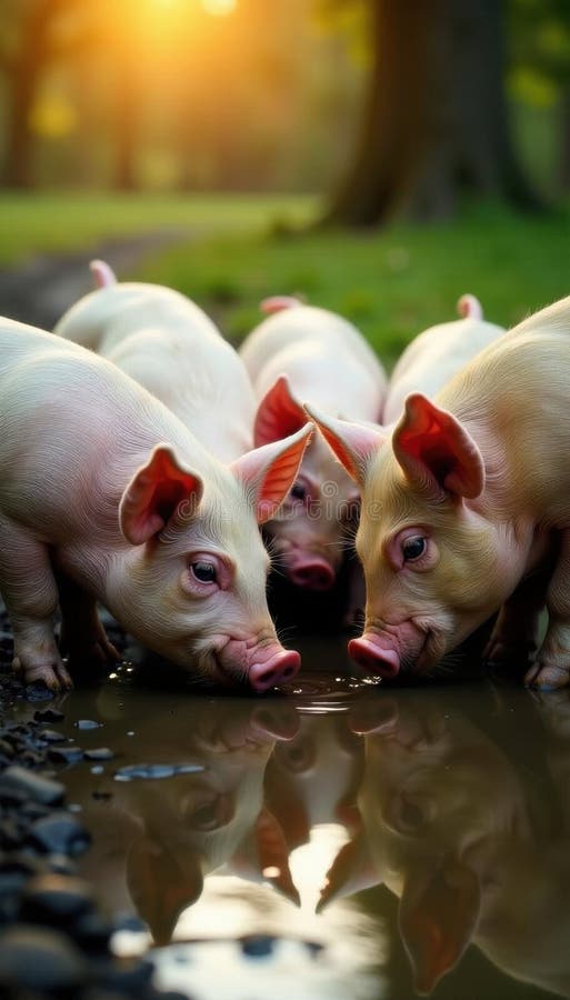 Several Pigs Drink from Muddy Puddle, Soft Dawn Light, Peaceful, Farm ...