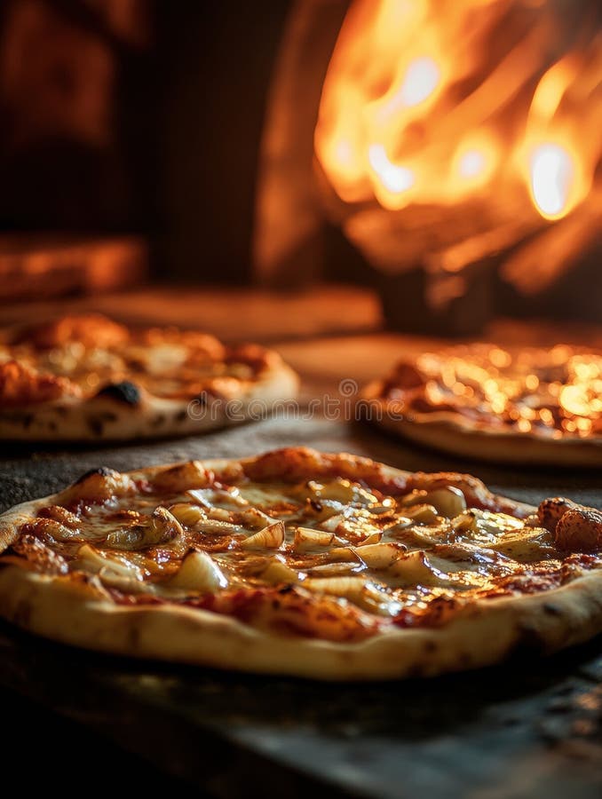 Several Pizzas Bake in a Hot Wood-fired Oven, Surrounded by Dancing ...