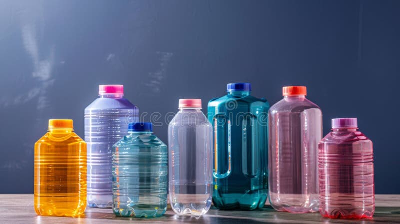 Several Plastic Bottles in Different Colors on a Table Stock Photo ...