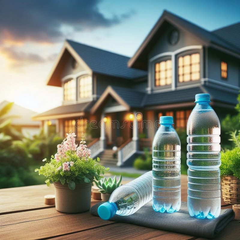 Several Plastic Bottles with Drinking Water on the Veranda, Against the ...