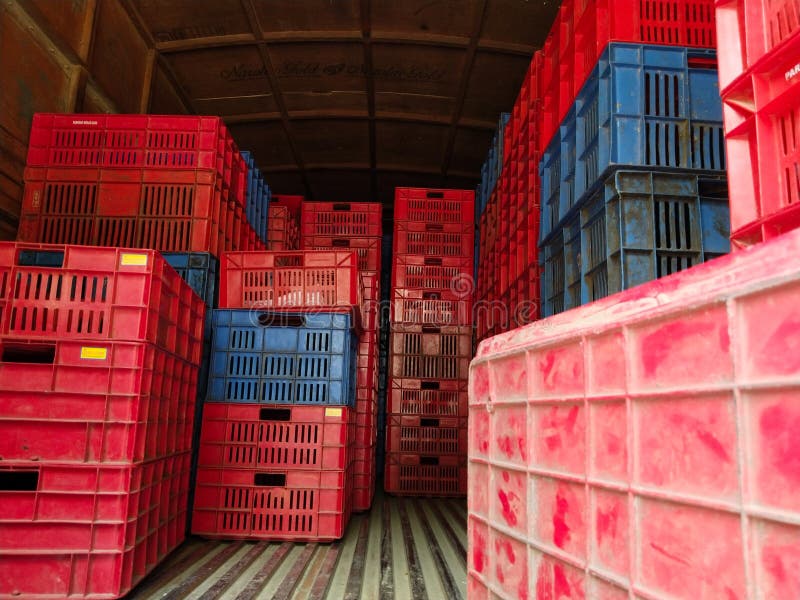 Several Plastic Crates Inside the Cargo Semitrailer. the Boxes Piled in ...
