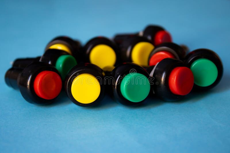 Several Push Button Switch on Top of a Blue Table Stock Image - Image ...