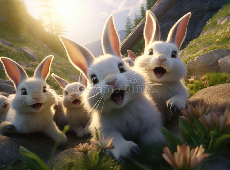Several Rabbits Take a Group Selfie Stock Illustration - Illustration ...