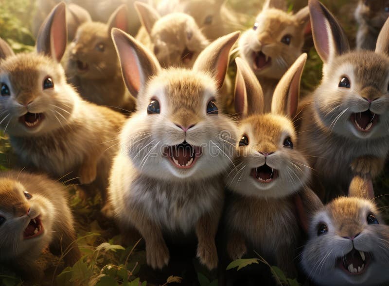 Several Rabbits Take a Group Selfie Stock Illustration - Illustration ...
