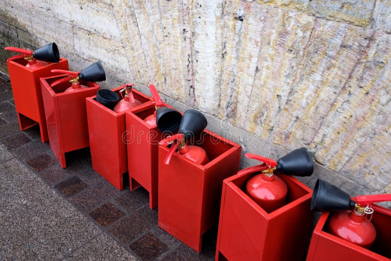 Several Red Tanks of Fire Extinguisher Standing Outdoor Stock Photo ...