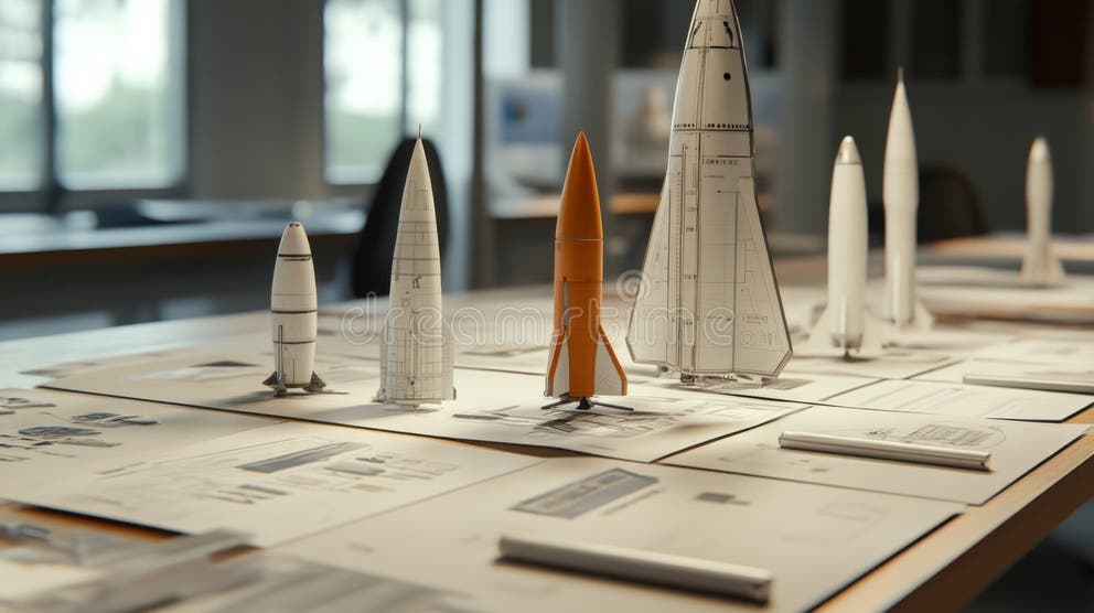 Several Rocket Models Sit on a Table in an Office Stock Photo - Image ...