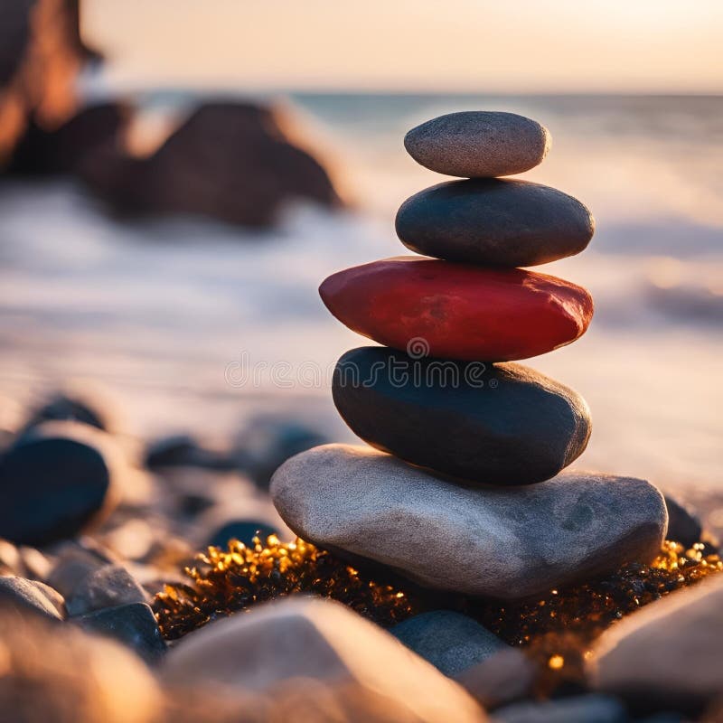 Several Rocks Stacked Together on Top of a Sandy Beach by the Ocean ...