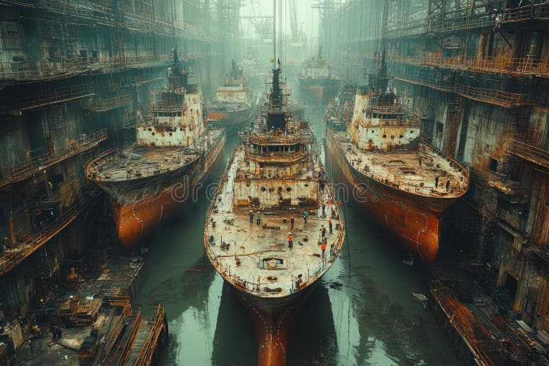 Several Rusty Ships Under Construction in a Shipyard with Workers on ...