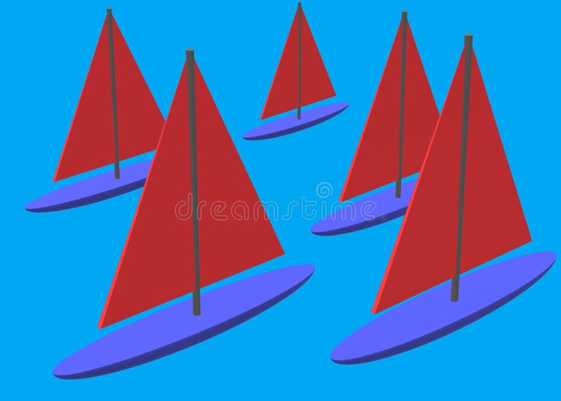 Several Sail Boats with Indigo Deep Blue Body and Bright Red Sail Ocean ...