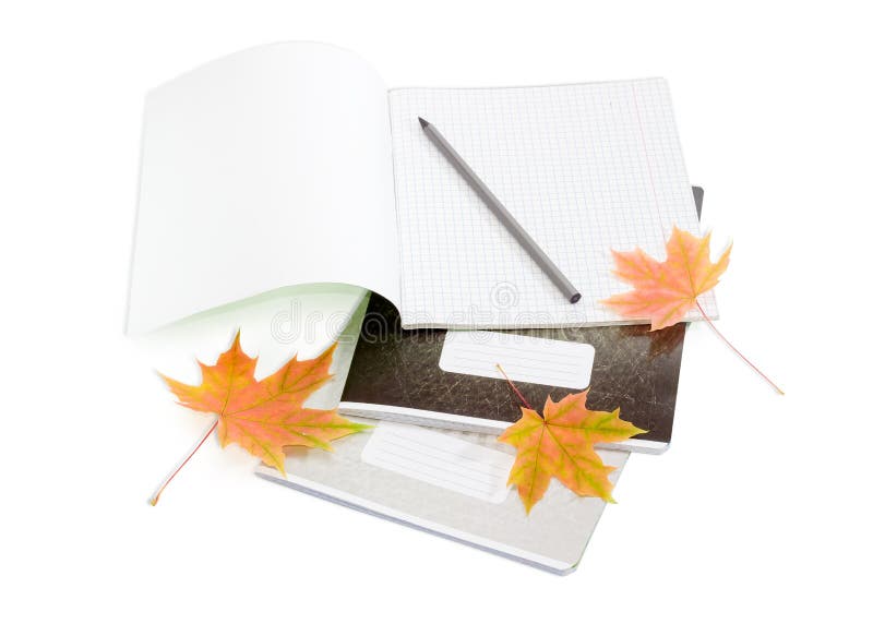 Several School Exercise Book, Pencil and Yellowed Maple Leaves Stock ...