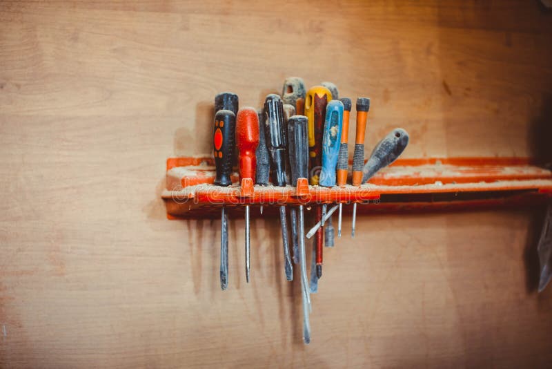 Screwdrivers Hanging in the Workshop Stock Image - Image of plank ...