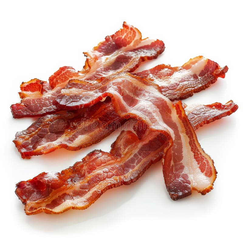 Several Slices of Cured Bacon in a Pile on a White Background. the ...