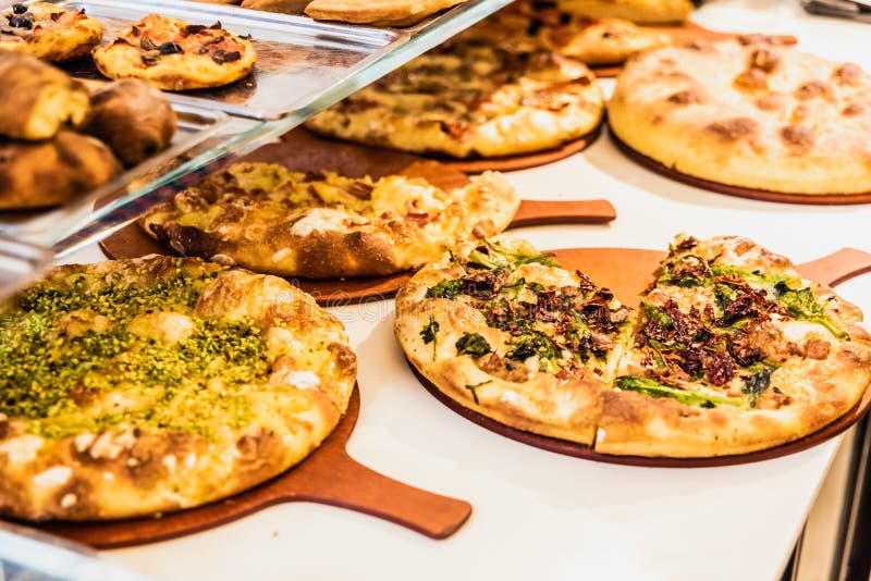 Several Small Italian Style Pizzas in a Street Stall Stock Photo ...