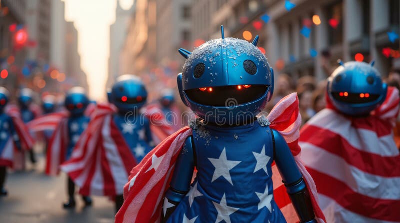 Several Smiling Android Robots in Fancy American Flag Costumes Parade ...