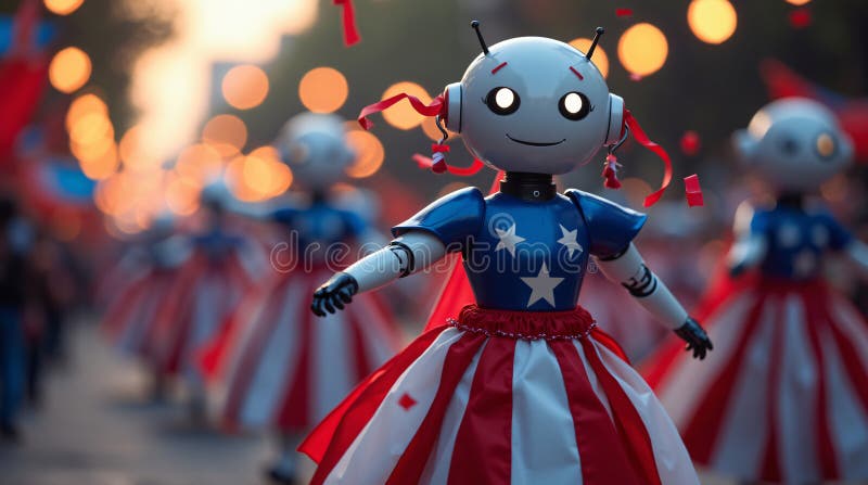 Several Smiling Android Robots in Fancy American Flag Costumes Parade ...