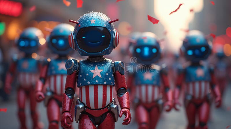 Several Smiling Android Robots in Fancy American Flag Costumes Parade ...