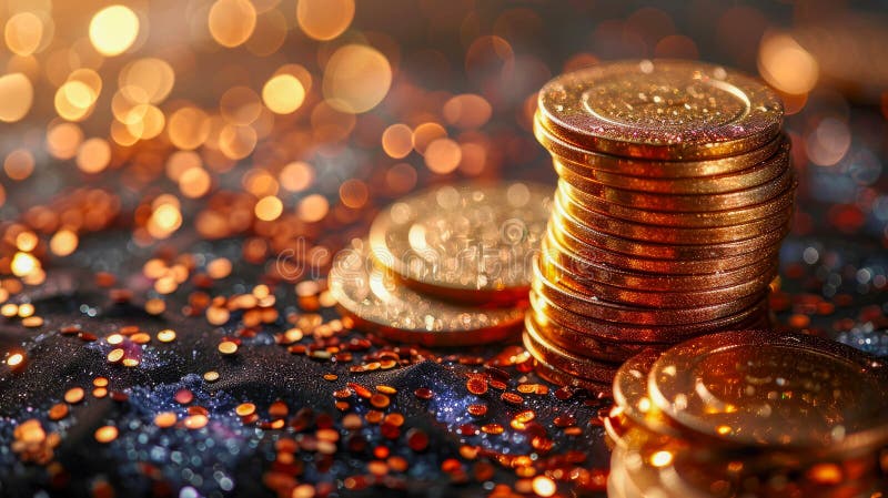 Several Stacks of Golden Coins on a Dark Surface Adorned with ...