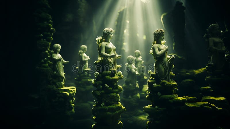 Several Statued Figures Standing in the Light Near Rocks and Algae ...