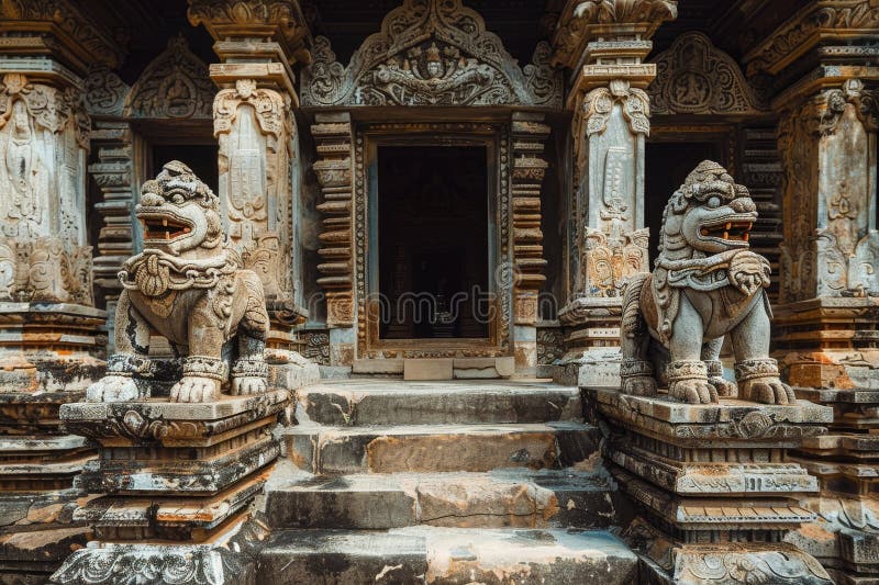 Several Statues are Positioned on Top of Stone Steps at an Ancient ...