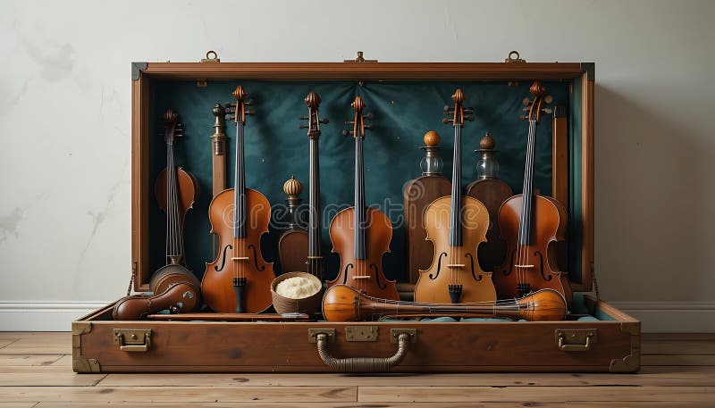 Violins Collection Displayed in Vintage Suitcase Music Instruments ...