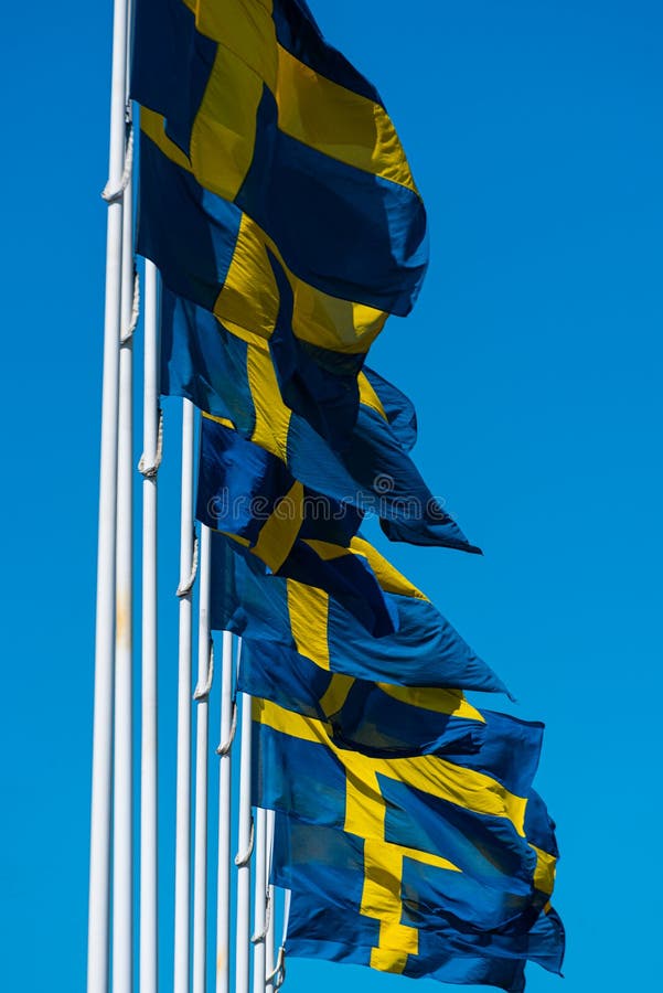 Several Swedish Flags Flying on Flagpoles.. Stock Image - Image of ...