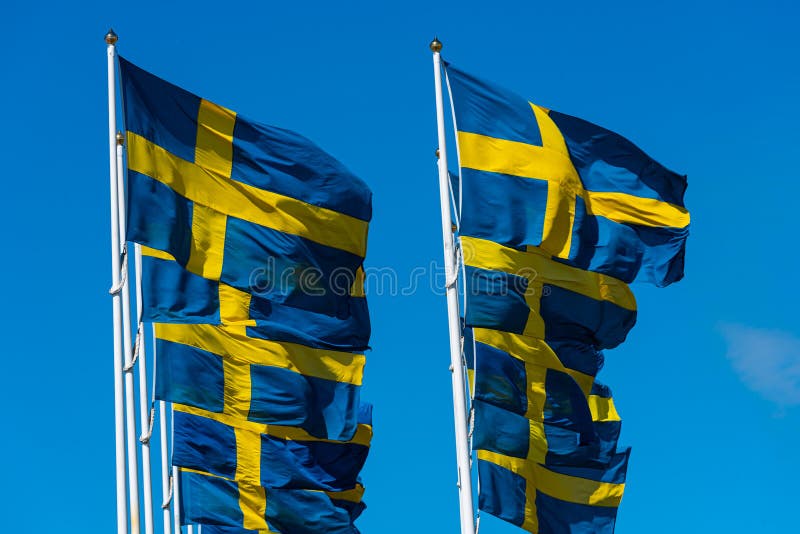 Several Swedish Flags Flying on Flagpoles.. Stock Image - Image of ...
