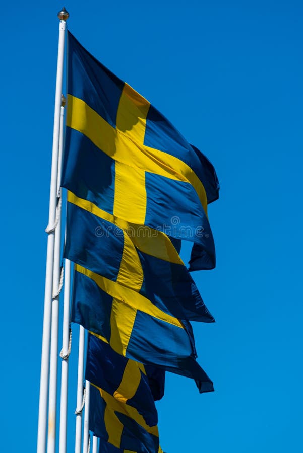 Several Swedish Flags Flying on Flagpoles.. Stock Photo - Image of ...