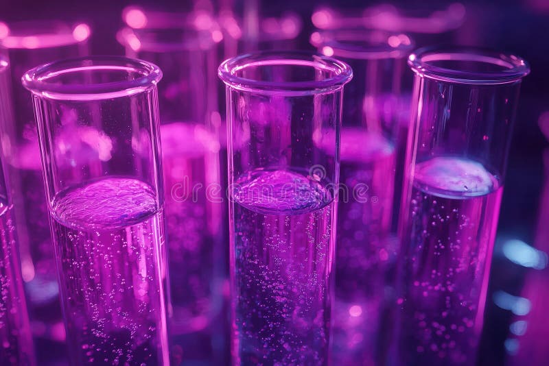 Several Test Tubes Filled with Purple Liquid are Illuminated by a ...