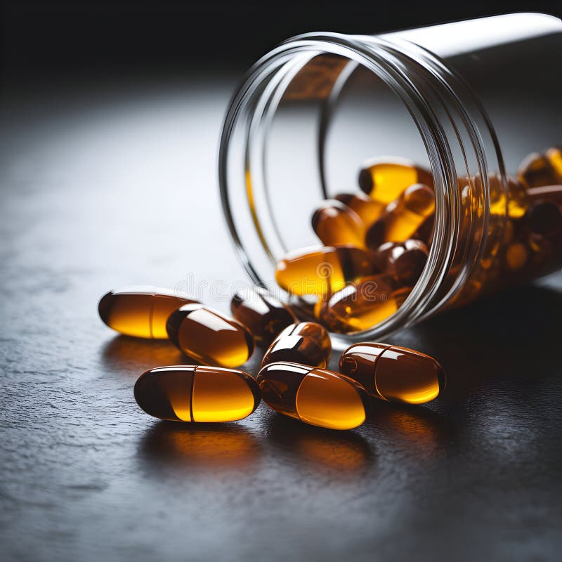 Capsules Spill from Glass, Glossy Amber Surfaces Symbolize Health and ...