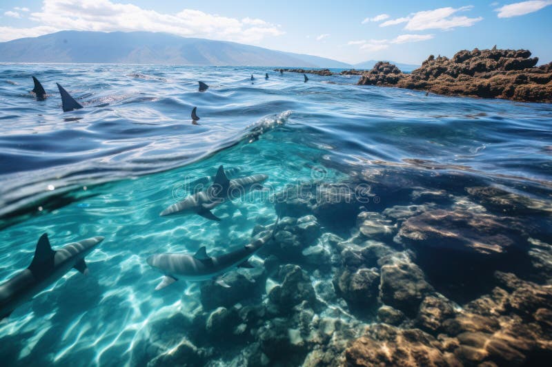 Several Triangular Shark Fins Can Be Seen Above the Water Surface and ...