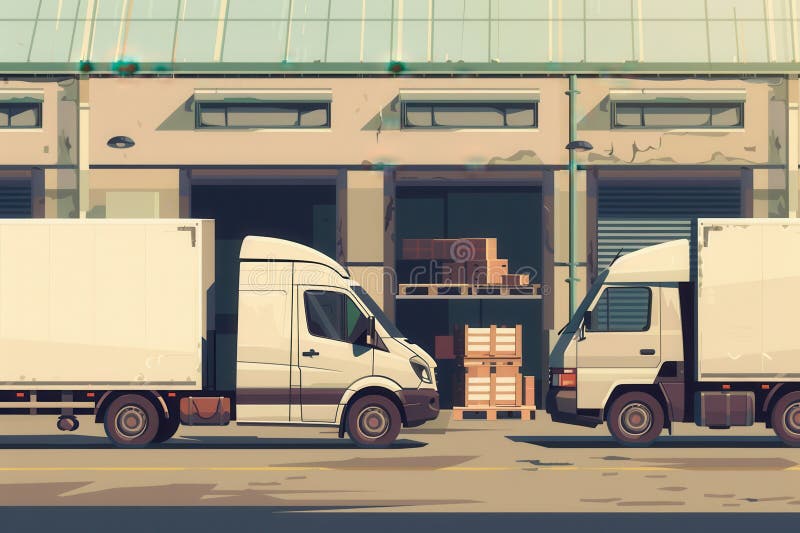 Several Trucks and Vans are Parked Alongside a Warehouse, Ready for ...