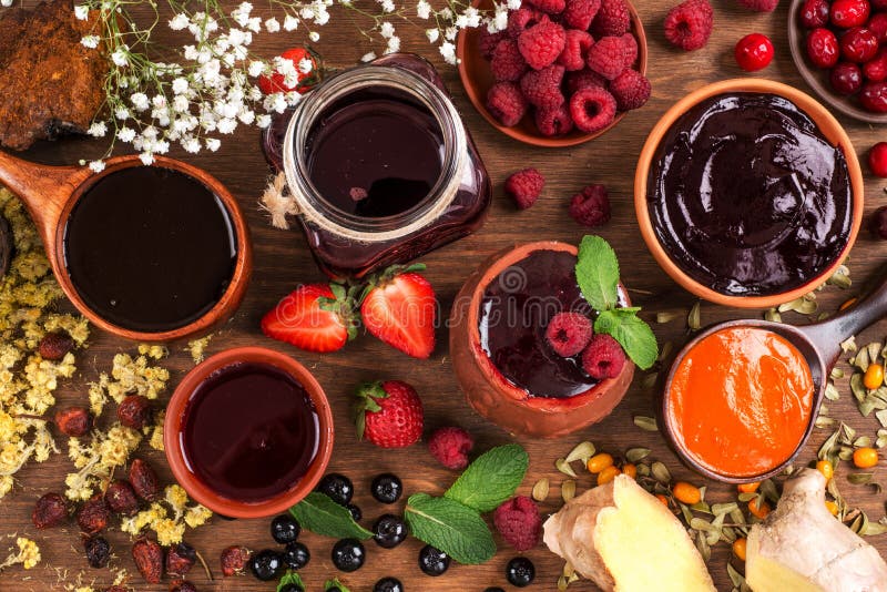 Several Types of Jam on a Wooden Table Stock Photo - Image of berries ...