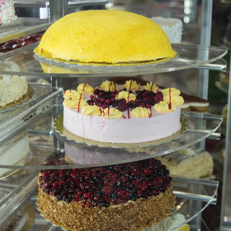 Several Types of Stuffed Cakes Inside a Pastry Display Stand Stock ...