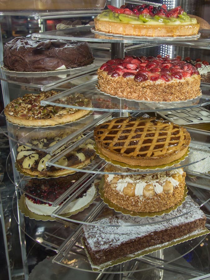 Several Types of Stuffed Cakes Inside a Pastry Display Stand Stock ...