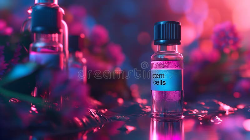 Several Vials Labeled Stem Cells are Placed among Soft Glowing Colorful ...