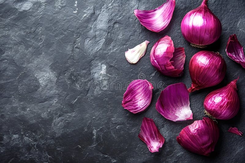 Fresh Red Onions and Loose Skins Resting on Dark Stone Surface Stock ...