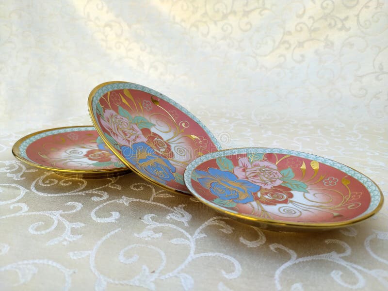 Several Vintage Plate Floral Textures Uniquely Arranged Table Stock ...