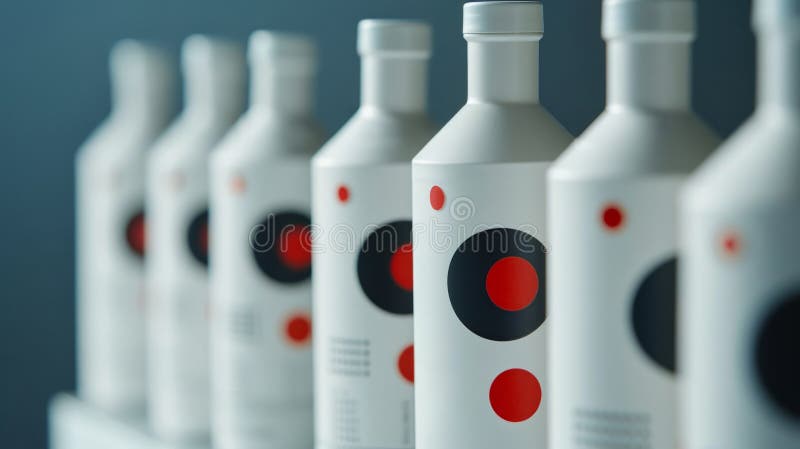 Several White Bottles with Abstract Designs Arranged in a Line. Stock ...