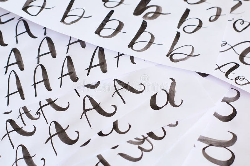 Several White Sheets with Calligraphic Exercises. Calligraphy Practice ...