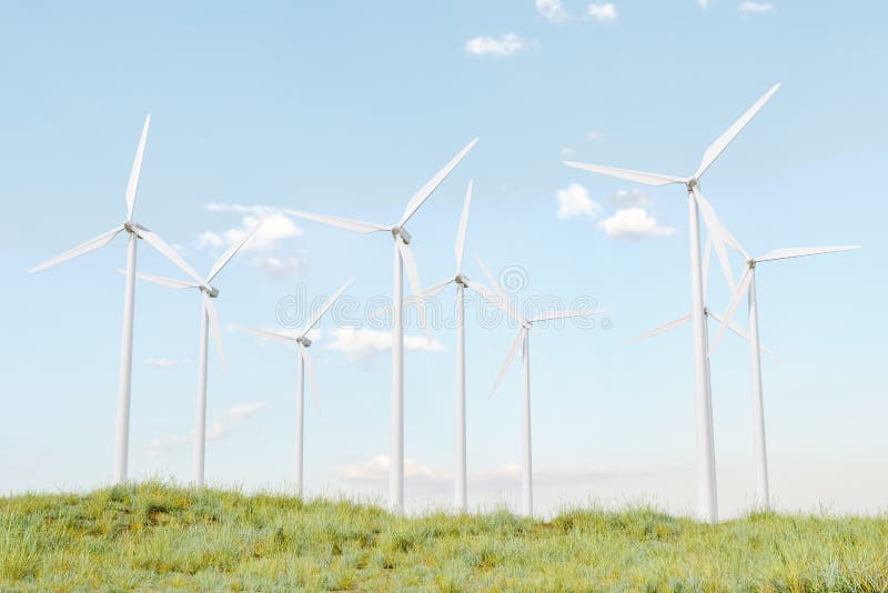 Several Wind Turbines on a Green Field. 3D Render Stock Illustration ...