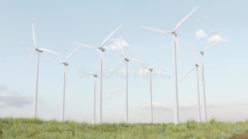 Several Wind Turbines on a Green Field. 3D Animation Render Stock ...