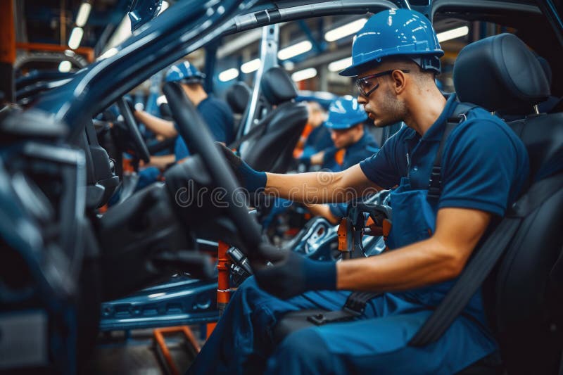 Several Workers are Focused on Assembling and Checking Car Interiors on ...