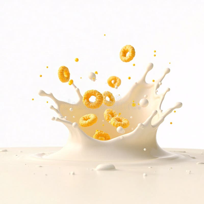 Several Yellow Cheerios Cereal Pieces Falling into a Splash of Milk ...