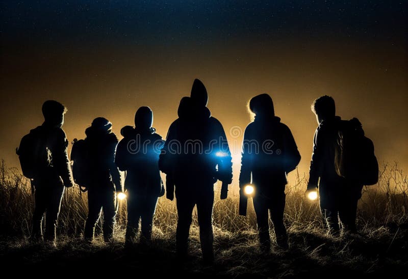 Several Young People Stand at Night in a Clearing, Seeing only ...