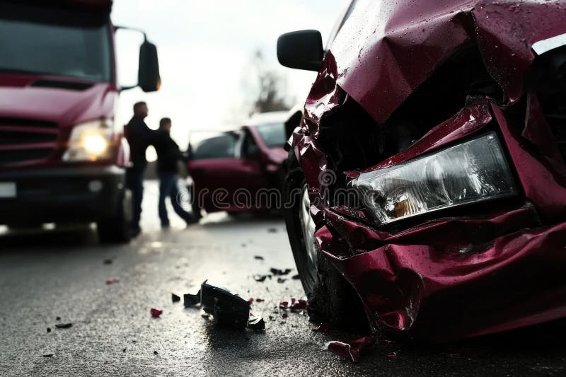 Severe Car Collision with Damaged Front Bumper on Wet Road Stock Image ...