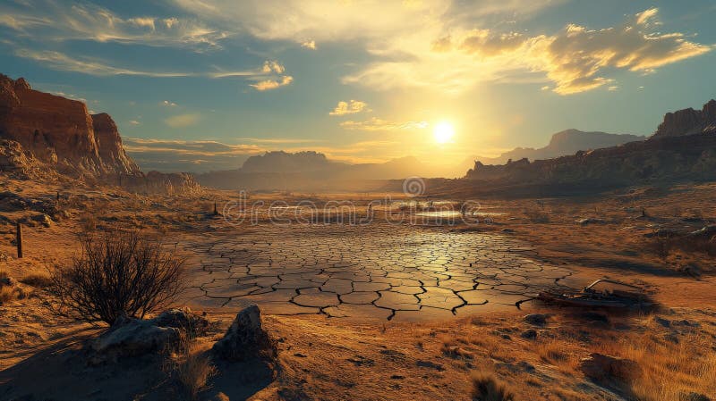 Severe Drought in a Cracked Desert Landscape at Sunset Stock Photo ...