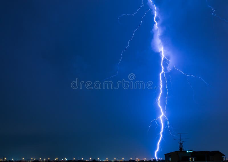 The Severe Lightning Fall in the Urban. Stock Image - Image of dark ...
