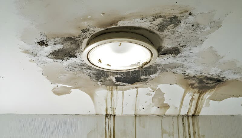 Severe Water Damage Stain on an Interior Ceiling with a Recessed Light ...