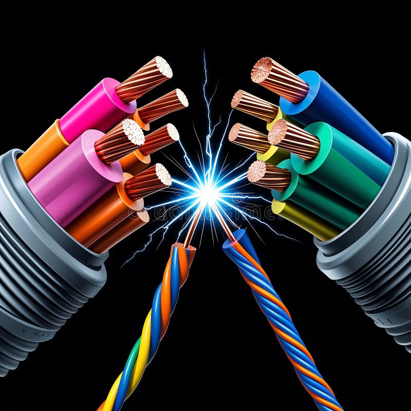 Severed Electrical Cables with Multicolored Wires on Black Background ...